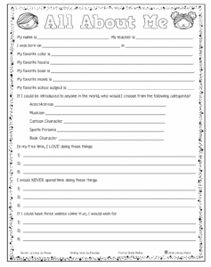 All About Me Student Information Sheet High School ...