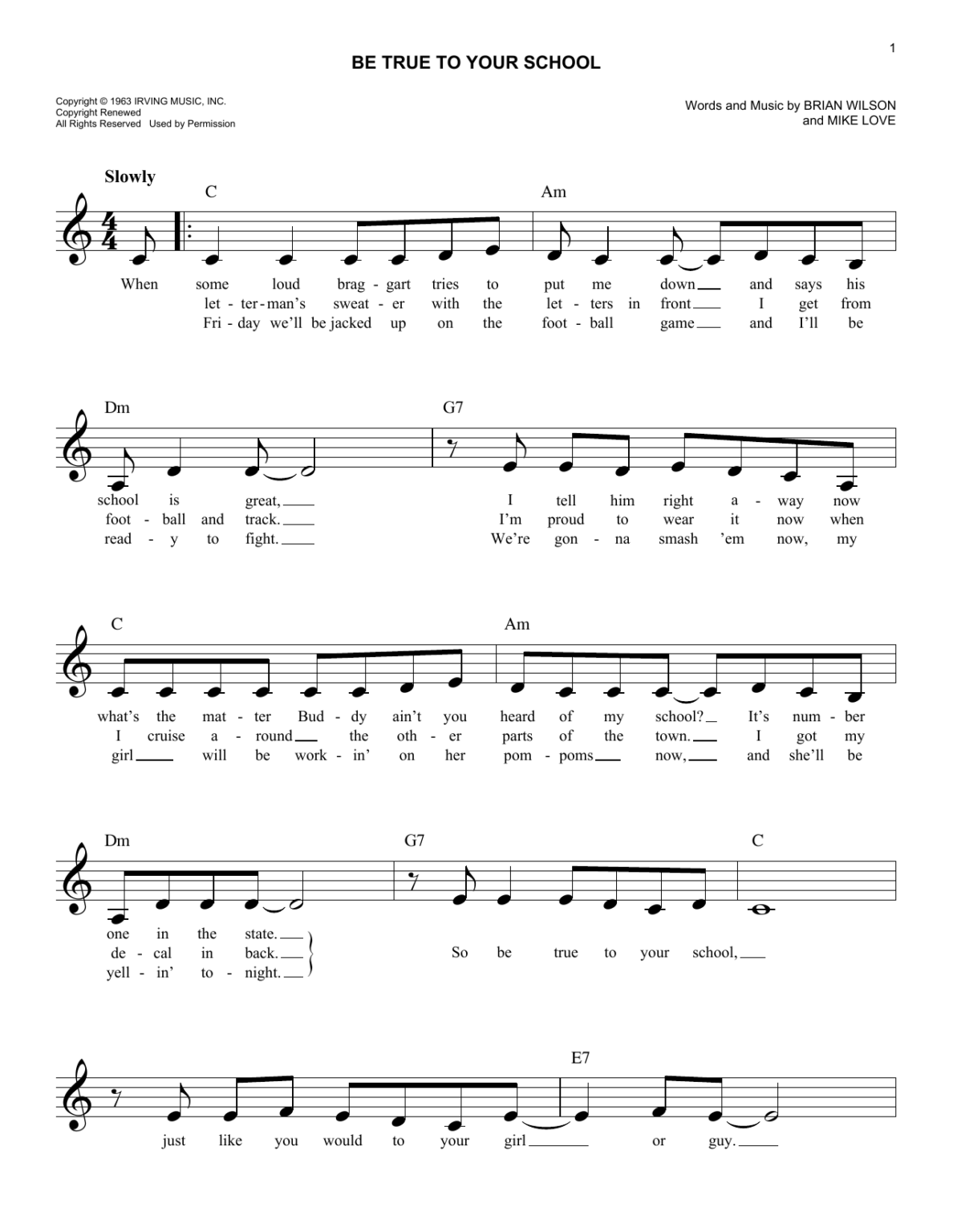 Be True To Your School Sheet Music - schoolprintablesheets.com