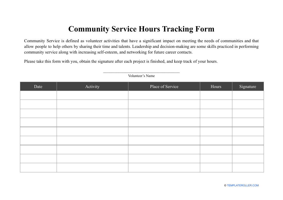 Community Service Hours Sheet For High School Pdf