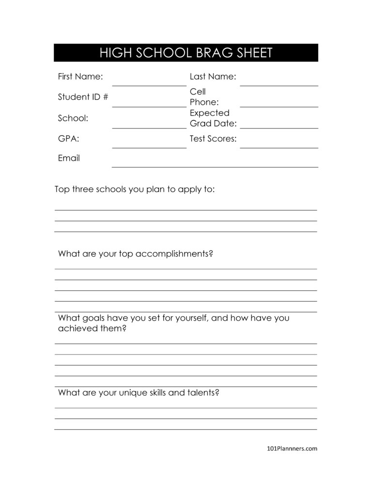 Brag Sheet High School - schoolprintablesheets.com