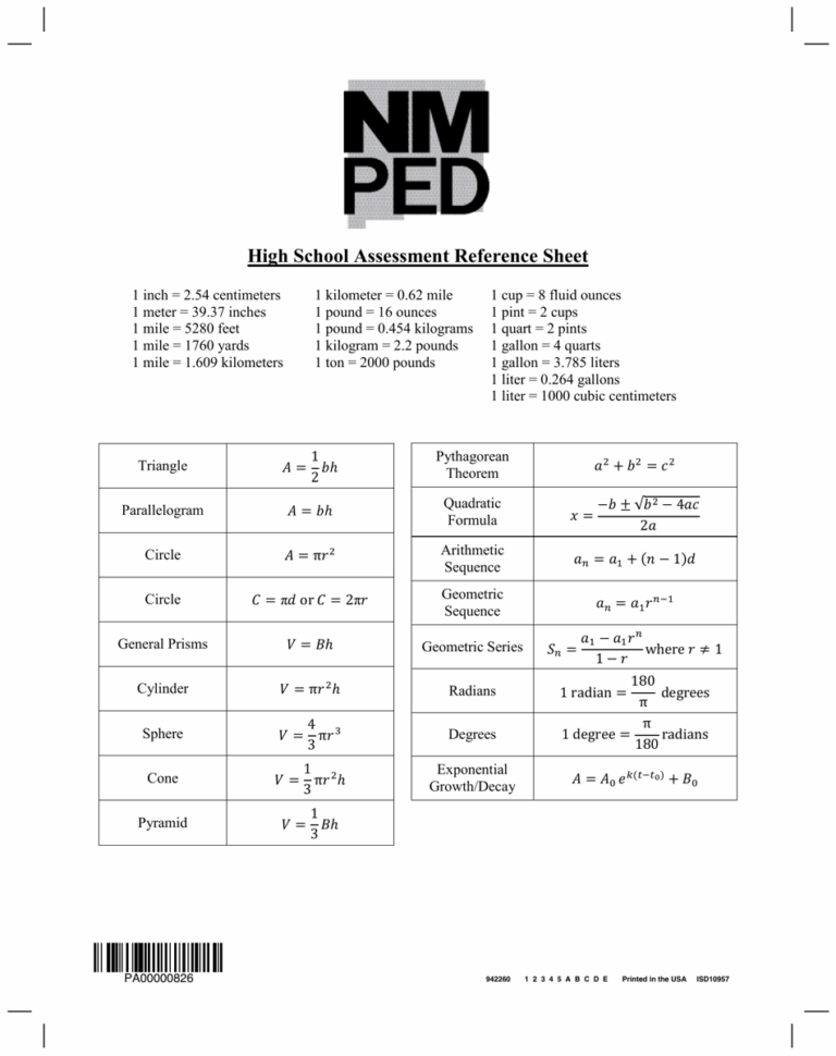 Air Test Math Reference Sheet High School - schoolprintablesheets.com