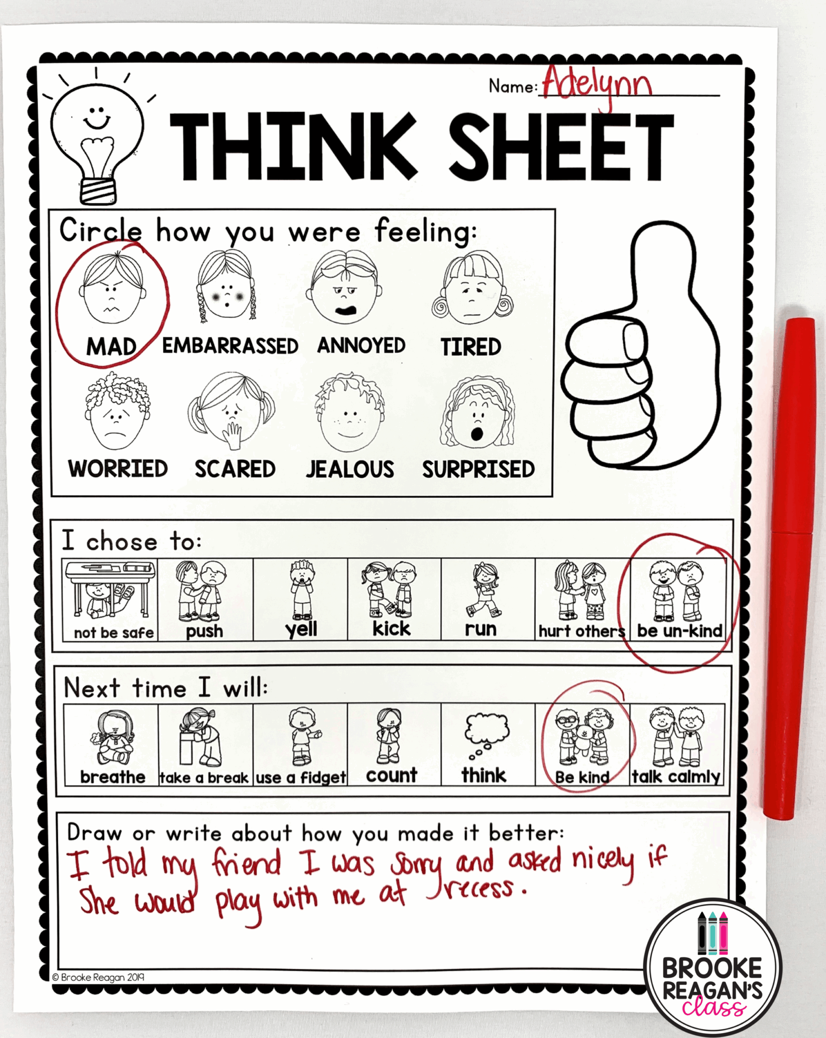 Behaviour Reflection Sheet Primary School - schoolprintablesheets.com