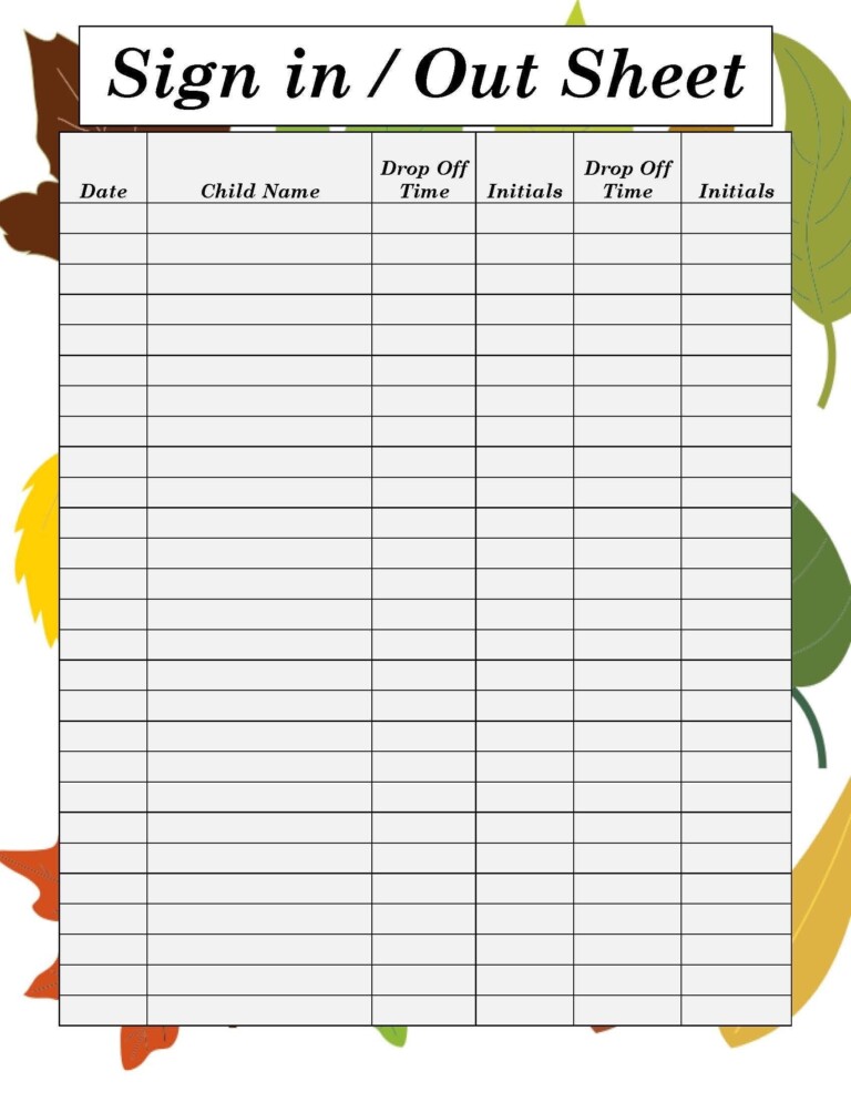 After School Care Sign In Sheet - schoolprintablesheets.com