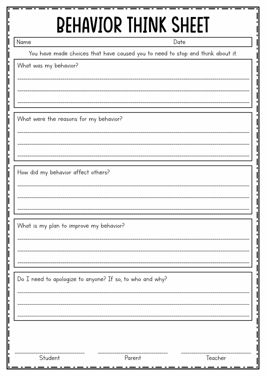 Behavioral Think Sheet High School - schoolprintablesheets.com
